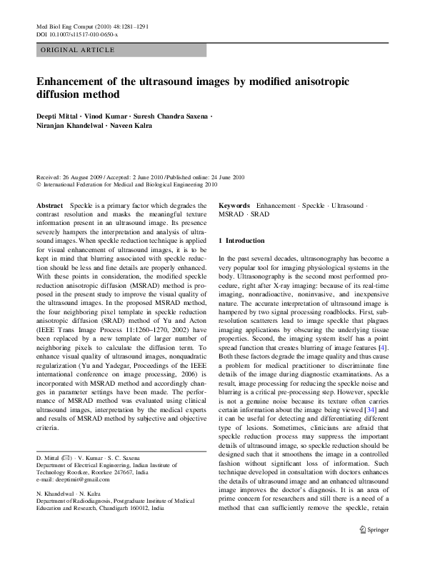 (PDF) Enhancement of the ultrasound images by modified anisotropic diffusion method
