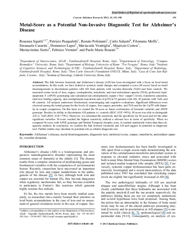 (PDF) Metal-Score as a Potential Non-Invasive Diagnostic Test for ...