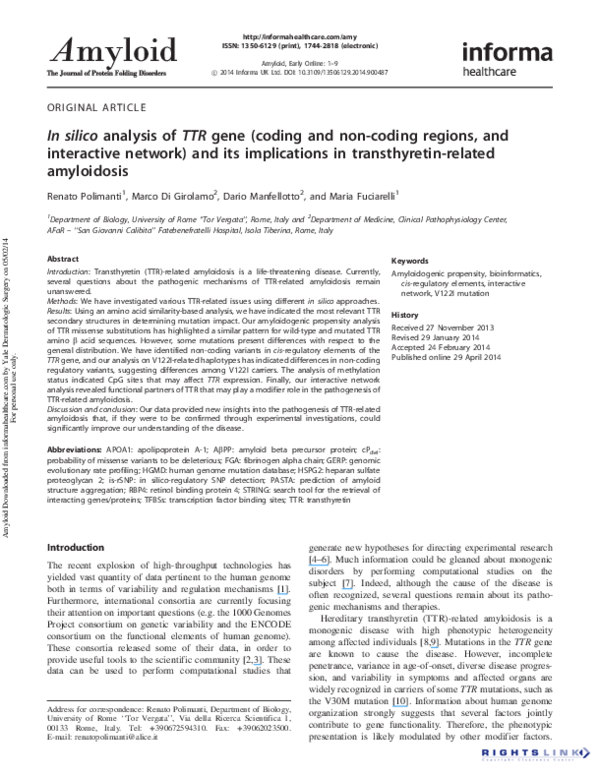 Pdf In Silico Analysis Of Ttr Gene Coding And Non Coding Regions And Interactive Network