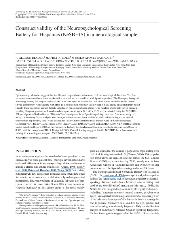 (PDF) Construct validity of the Neuropsychological Screening Battery ...