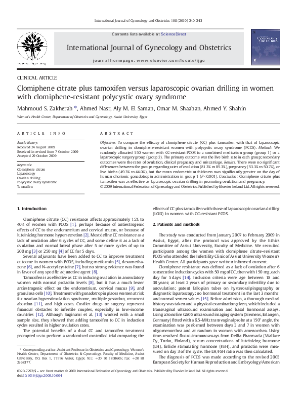 (PDF) Clomiphene citrate plus tamoxifen versus laparoscopic ovarian ...