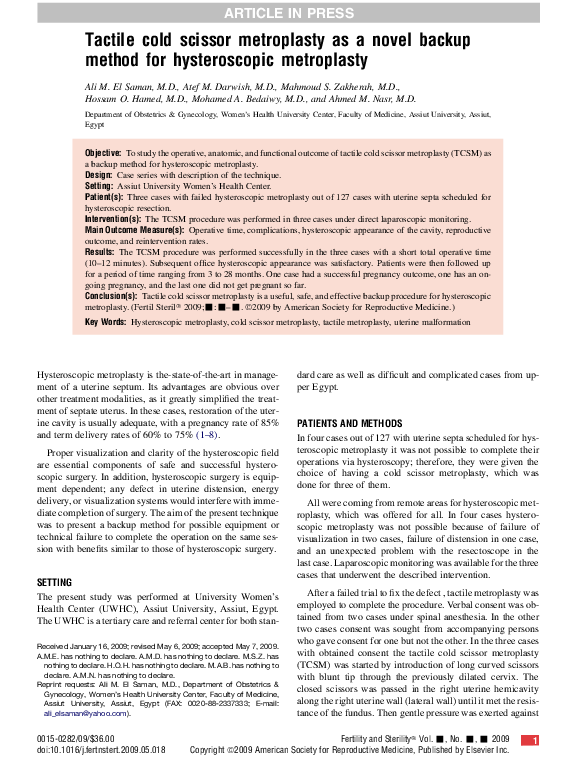 (PDF) Tactile cold scissor metroplasty as a novel backup method for ...