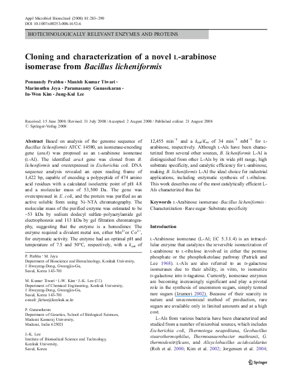 (PDF) Cloning and characterization of a novel l-arabinose isomerase from Bacillus licheniformis