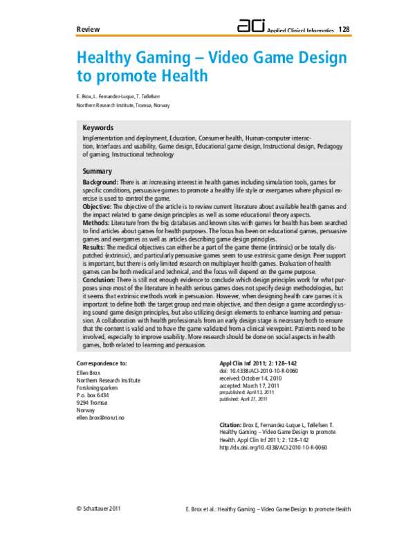 (PDF) Healthy gaming--video game design to promote health