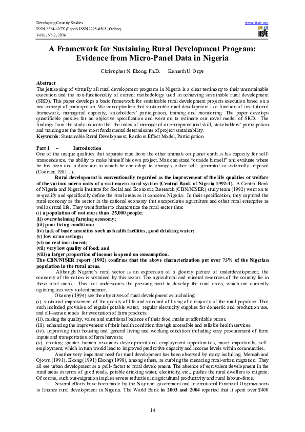 (PDF) Developing Country Studies A Framework for Sustaining Rural ...