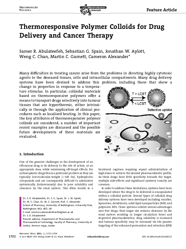 (PDF) Thermoresponsive polymer colloids for drug delivery and cancer therapy