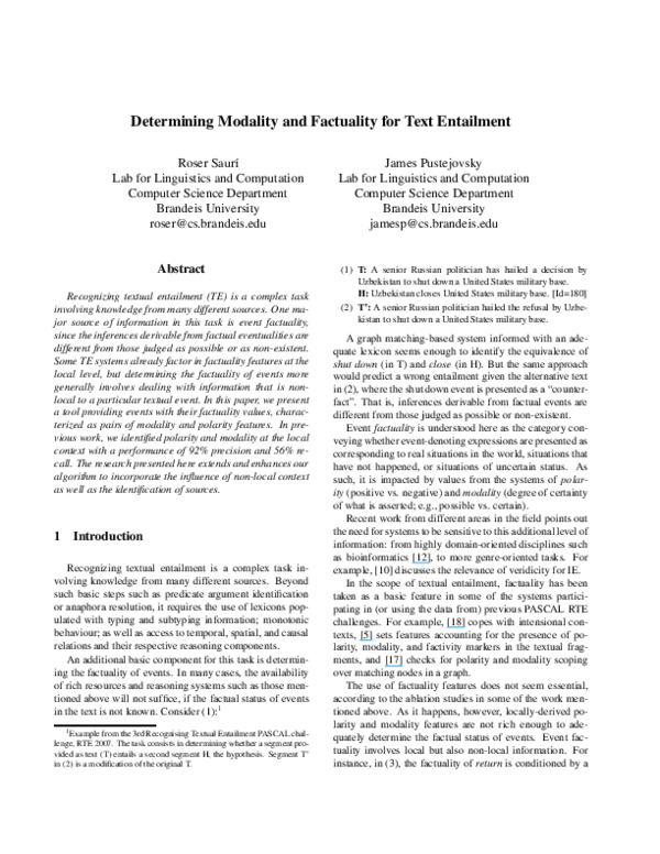 Pdf Determining Modality And Factuality For Text Entailment