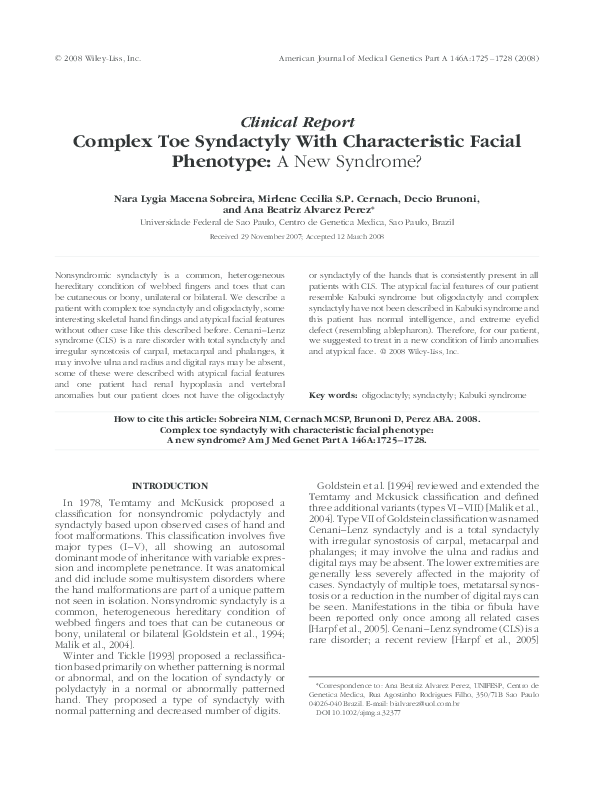 (PDF) Complex toe syndactyly with characteristic facial phenotype: A ...