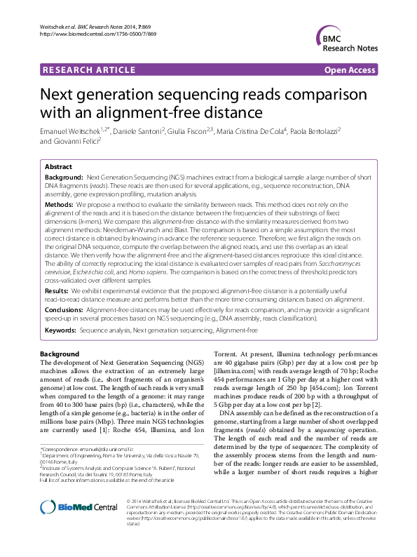 (PDF) Next generation sequencing reads comparison with an alignment-free distance