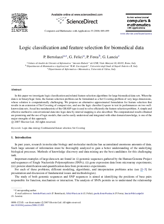 Pdf Logic Classification And Feature Selection For Biomedical Data