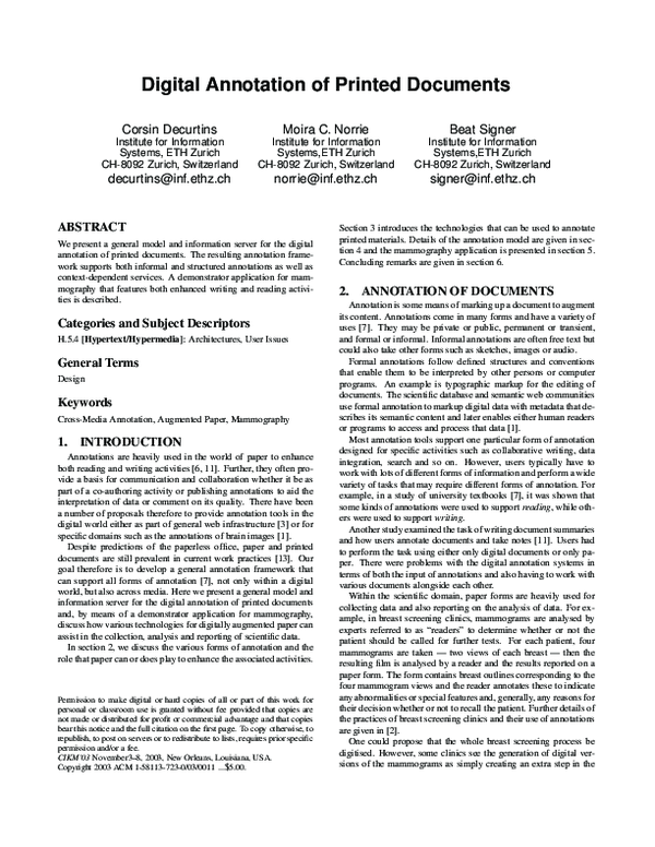 Digital Annotation of Printed Documents