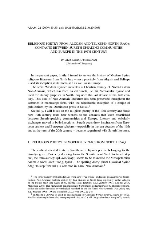 (PDF) Religious Poetry from Alqosh and Telkepe (North Iraq). Contacts ...