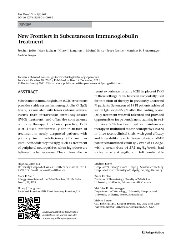 (PDF) Exploring Subcutaneous Immunoglobulin for Primary Immunodeficiency