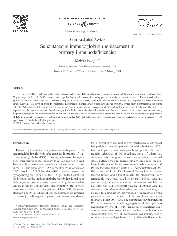 (PDF) Subcutaneous immunoglobulin replacement in primary immunodeficiencies