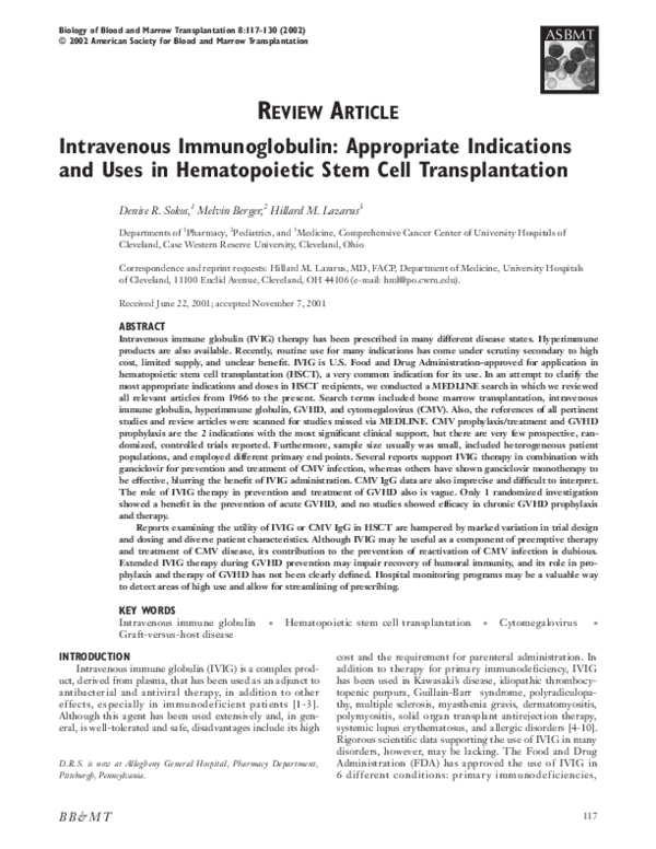 (PDF) Intravenous immunoglobulin: Appropriate indications and uses in hematopoietic stem cell ...