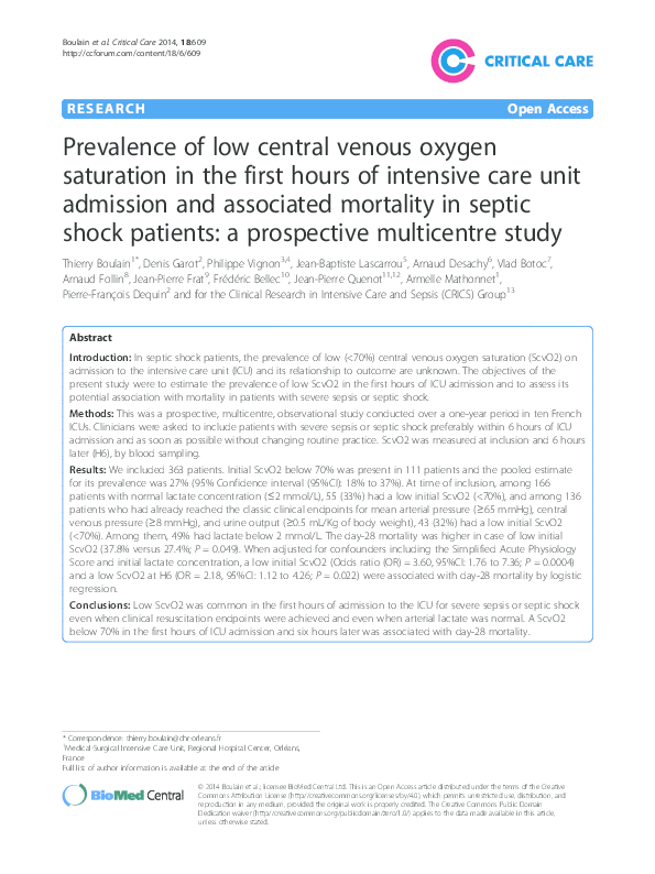 (PDF) Prevalence of low central venous oxygen saturation in the first hours of intensive care ...