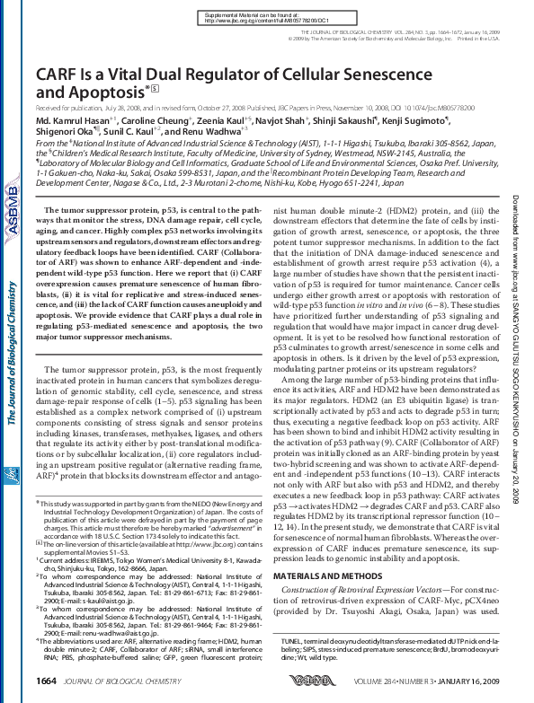 (PDF) CARF Is a vital dual regulator of cellular senescence and apoptosis