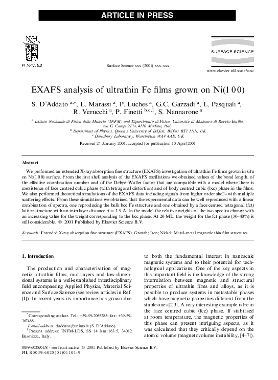 (PDF) EXAFS analysis of ultrathin Fe films grown on Ni(100)