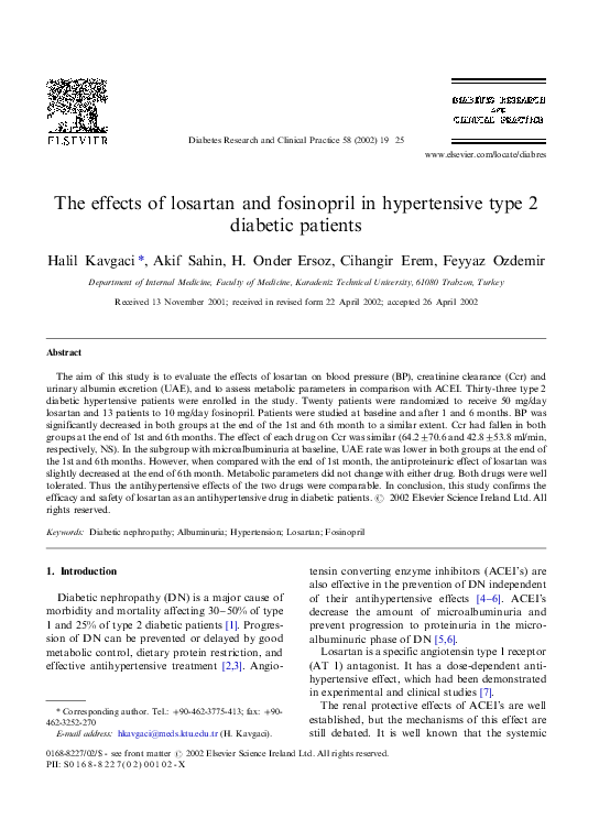 (PDF) The effects of losartan and fosinopril in hypertensive type 2 diabetic patients | Cihangir ...