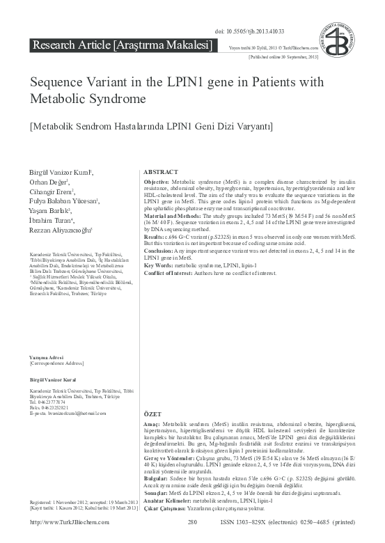 (PDF) Sequence Variant in the LPIN1 gene in Patients with Metabolic ...