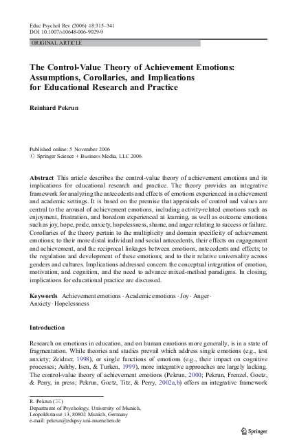(PDF) The Control-Value Theory of Achievement Emotions: Assumptions, Corollaries, and ...