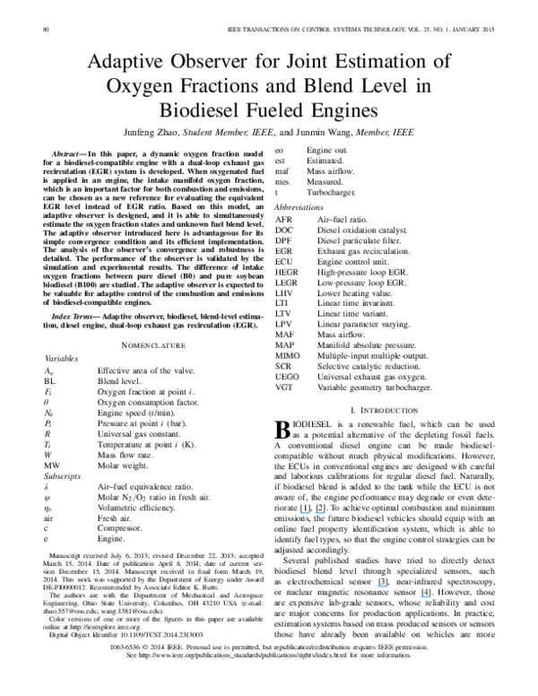 (PDF) Adaptive Observer for Joint Estimation of Oxygen Fractions and Blend Level in Biodiesel ...