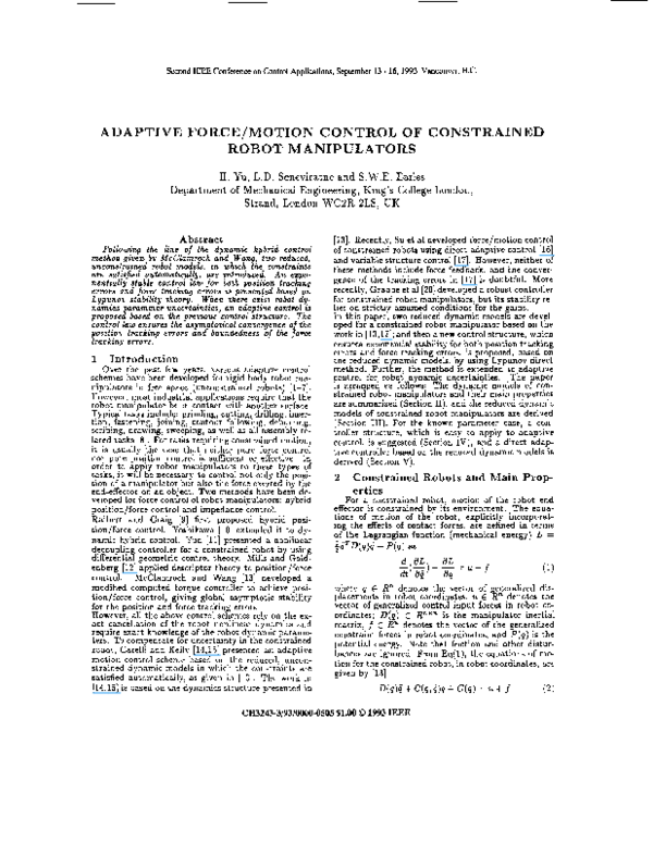 Pdf Adaptive Forcemotion Control Of Constrained Robot Manipulators 