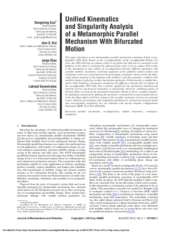 (PDF) Unified kinematics and singularity analysis of a metamorphic parallel mechanism with ...