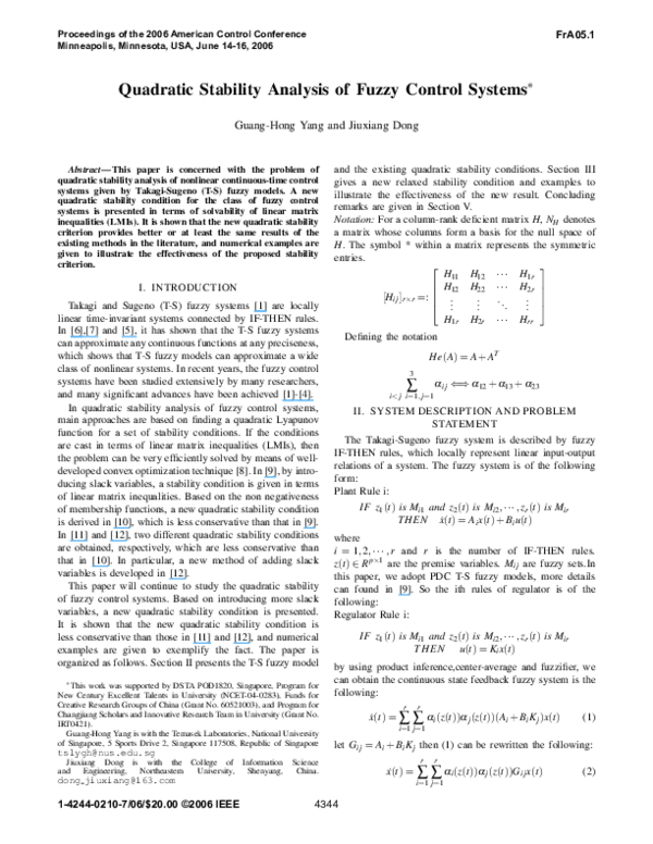 (PDF) Quadratic stability analysis of fuzzy control systems using stepwise membership functions