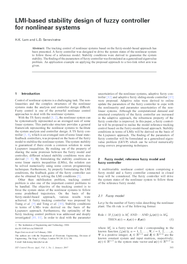 (PDF) LMI-based stability design of fuzzy controller for nonlinear systems