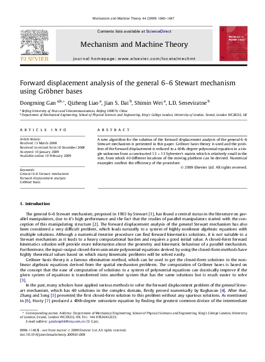 (PDF) Forward displacement analysis of the general 6–6 Stewart mechanism using Gröbner bases