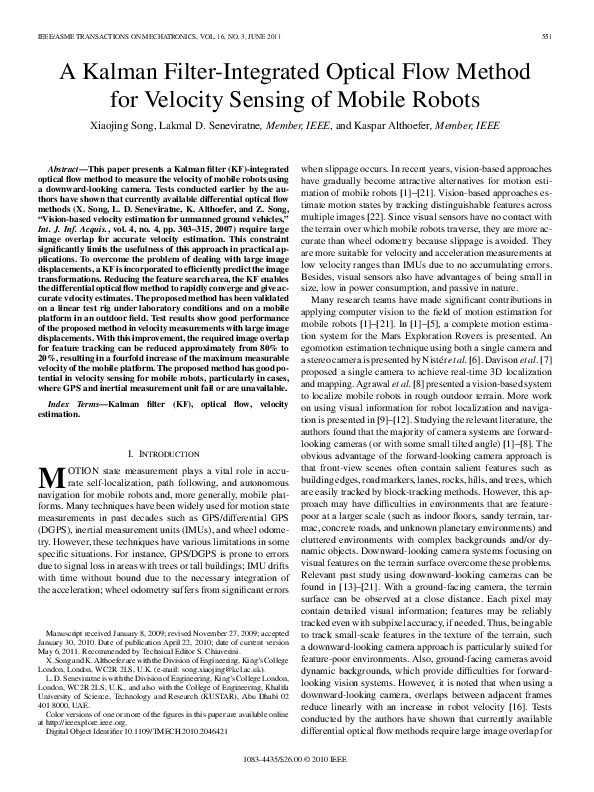 (PDF) A Kalman Filter-Integrated Optical Flow Method for Velocity Sensing of Mobile Robots