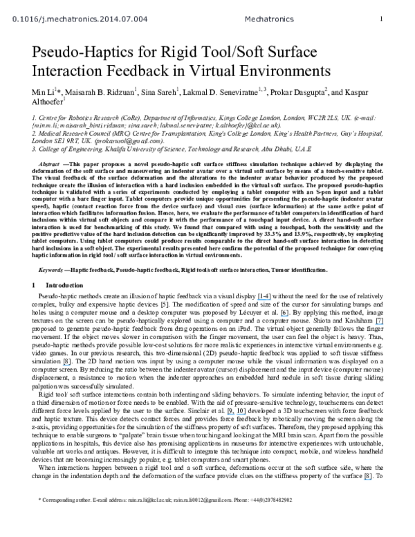 (PDF) Pseudo-haptics for rigid tool/soft surface interaction feedback in virtual environments