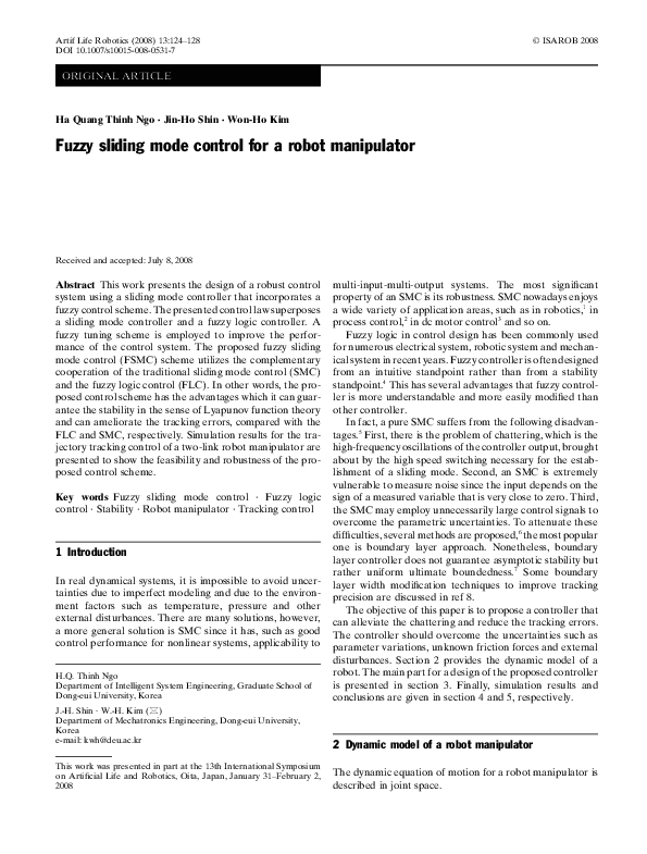 Pdf Fuzzy Sliding Mode Control For A Robot Manipulator