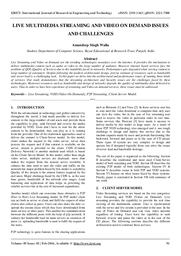 (PDF) LIVE MULTIMEDIA STREAMING AND VIDEO ON DEMAND ISSUES AND CHALLENGES