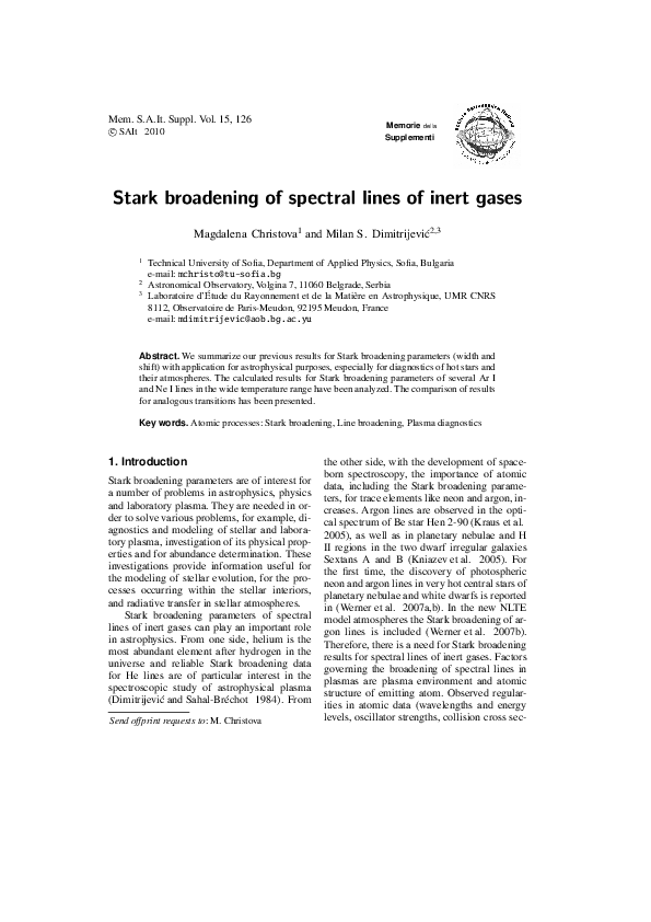 (PDF) Stark broadening of spectral lines of inert gases