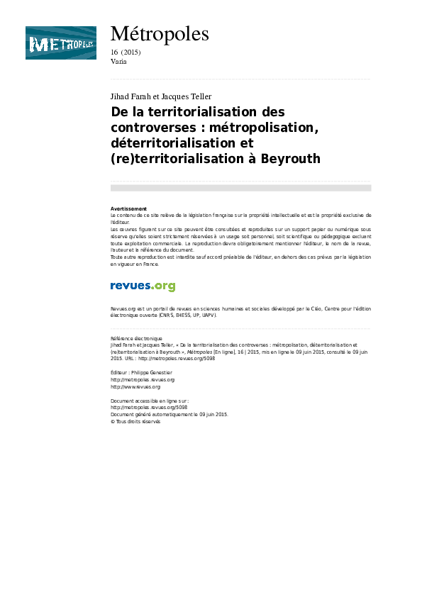 (PDF) De la territorialisation des controverses : métropolisation ...