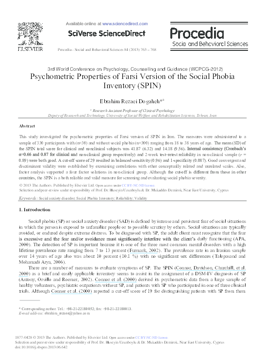 Pdf Psychometric Properties Of Farsi Version Of The Social Phobia