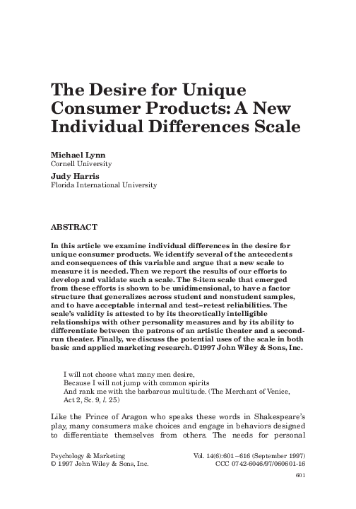 (PDF) The desire for unique consumer products: A new individual ...