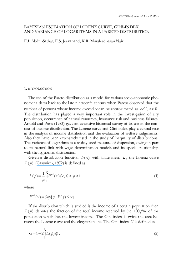 Pdf Bayesian Estimation Of Lorenz Curve Gini Index And Variance Of