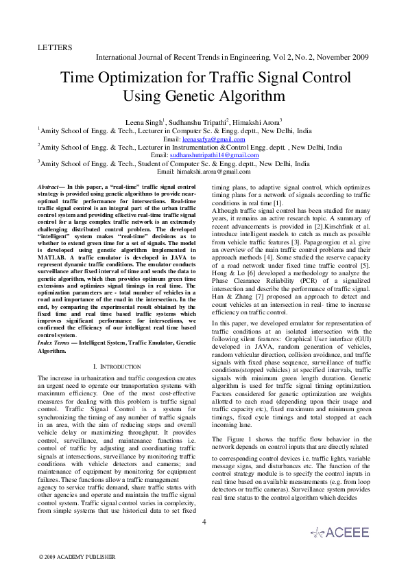 Pdf Time Optimization For Traffic Signal Control Using Genetic Algorithm