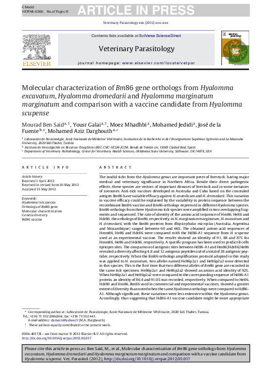 (PDF) Molecular characterization of Bm86 gene orthologs from Hyalomma ...