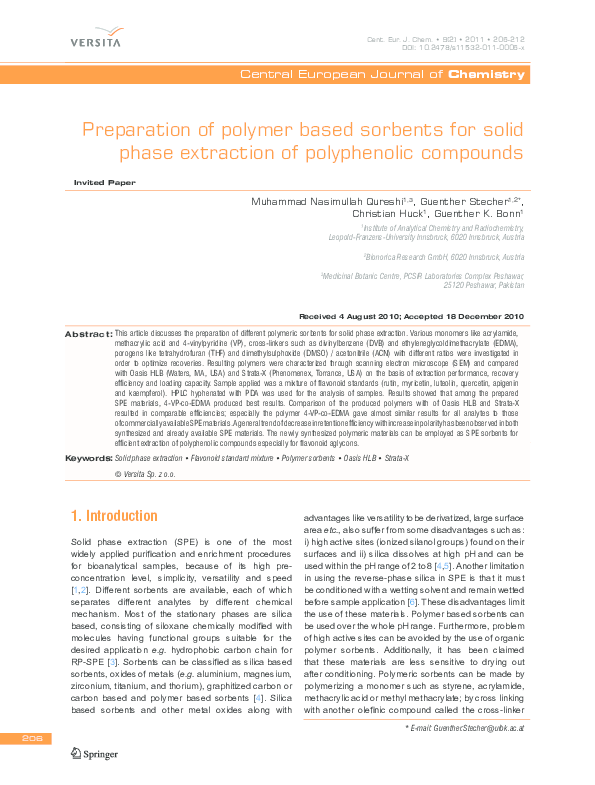 (PDF) Preparation of polymer based sorbents for solid phase extraction of polyphenolic compounds