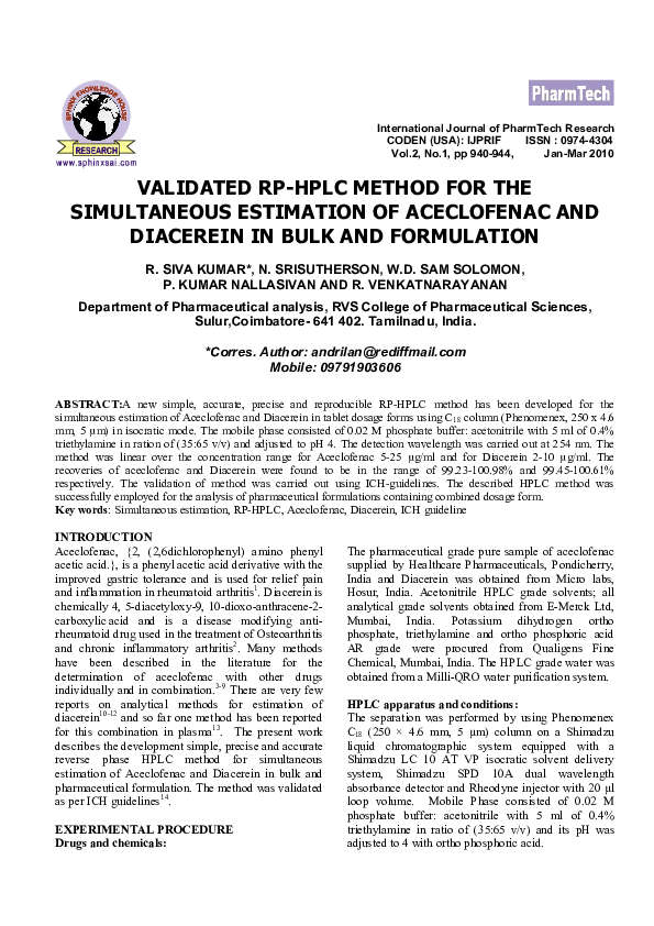 (PDF) VALIDATED RP-HPLC METHOD FOR THE SIMULTANEOUS ESTIMATION OF ACECLOFENAC AND DIACEREIN IN ...