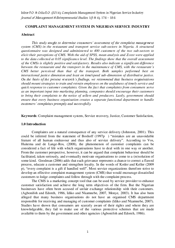 (PDF) Complaints Management System in Nigerian Service Industry