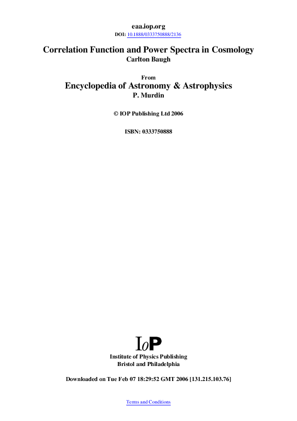 (PDF) Correlation Function and Power Spectra in Cosmology