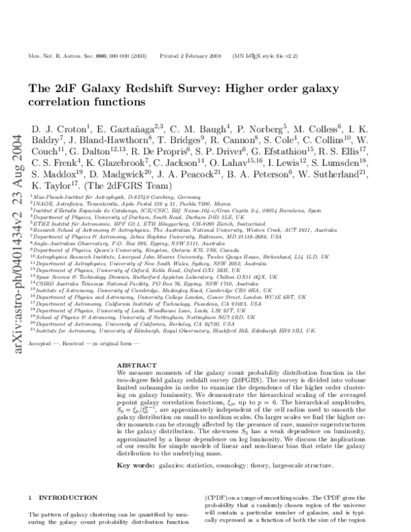 (PDF) The 2dF Galaxy Redshift Survey: higher-order galaxy correlation functions