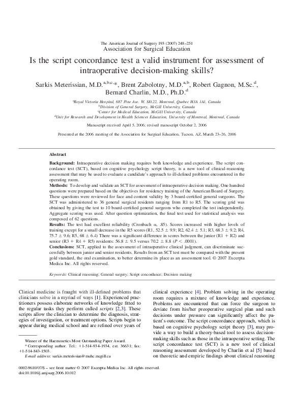 Pdf Is The Script Concordance Test A Valid Instrument For Assessment Of Intraoperative