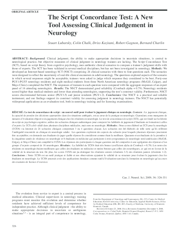 Pdf The Script Concordance Test A New Tool Assessing Clinical Judgement In Neurology