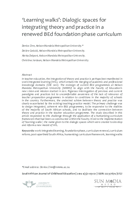 (PDF) ‘Learning walks’: Dialogic spaces for integrating theory and practice in a renewed BEd ...